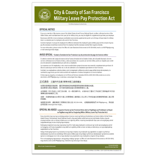 2026 San Francisco Military Leave Pay Protection Poster @ $9.95